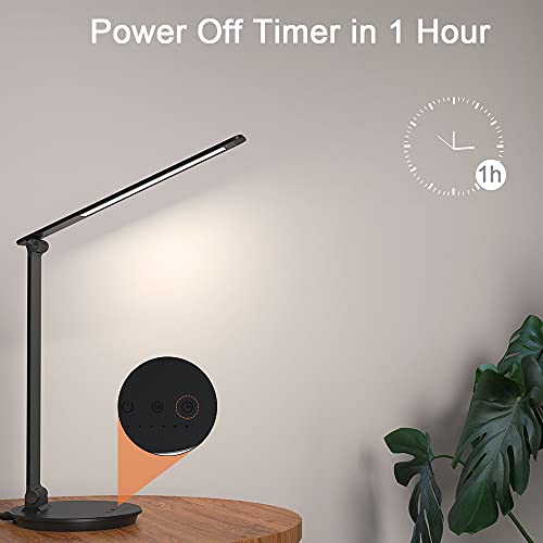 MONGERY LED Desk Lamp with USB Charging Port, Touch Control Dimmable Office Lamp, 5 Color Modes 6 Brightness Levels Eye-Caring Table Lamp for Home Office Bedroom Reading Study, Black