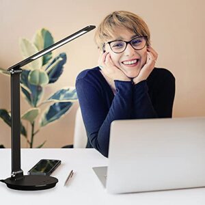 MONGERY LED Desk Lamp with USB Charging Port, Touch Control Dimmable Office Lamp, 5 Color Modes 6 Brightness Levels Eye-Caring Table Lamp for Home Office Bedroom Reading Study, Black