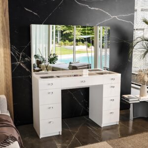 boahaus lily white makeup vanity desk with mirror cabinets, glass top, 9 drawers, and crystal ball knobs - modern makeup desk - big vanity - large