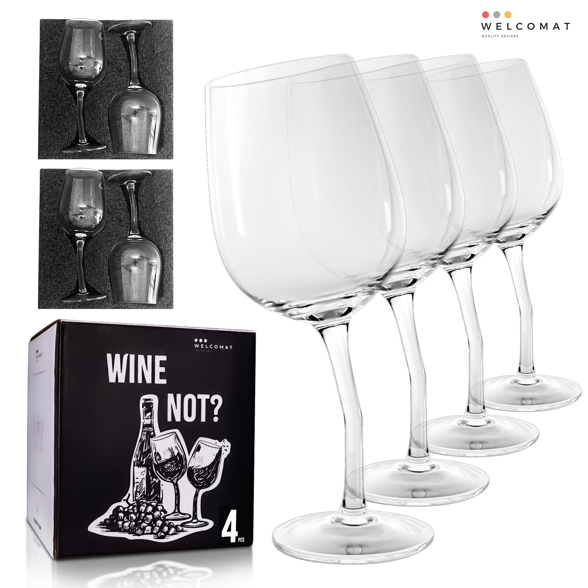 WELCOMAT Funny Wine Glass, Wine Not Glasses -12 fl oz - Christmas Gift, Stem Bent, Birthday Gifts Red or White Wine Glass, Lead-Free Crystal, Dishware Safe - Italian Style