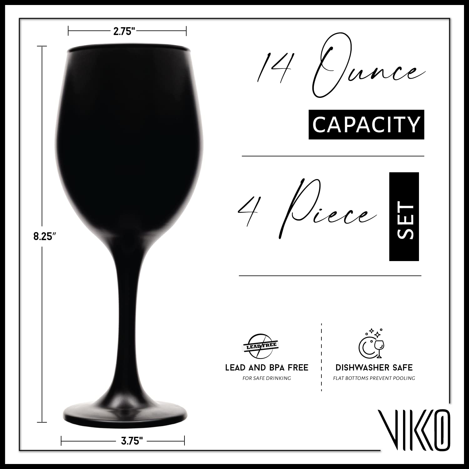 Vikko Black Wine Glasses, 14 Ounce Wine Glass, Set of 4 Matte Black Stemmed Wine Glasses for Red and White Wine, Thick and Durable Wine Glasses