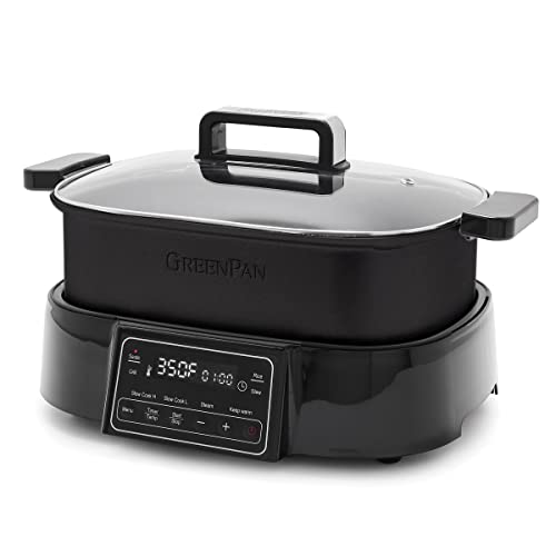 GreenPan 6.5QT Multi-Cooker Skillet Grill & Slow Cooker, 8-in-1 Presets to Saute,Steam, Grill, Stew, Stir-Fry,Heat, & Cook Rice, Healthy Ceramic Nonstick & Dishwasher Safe Parts, Matte Black