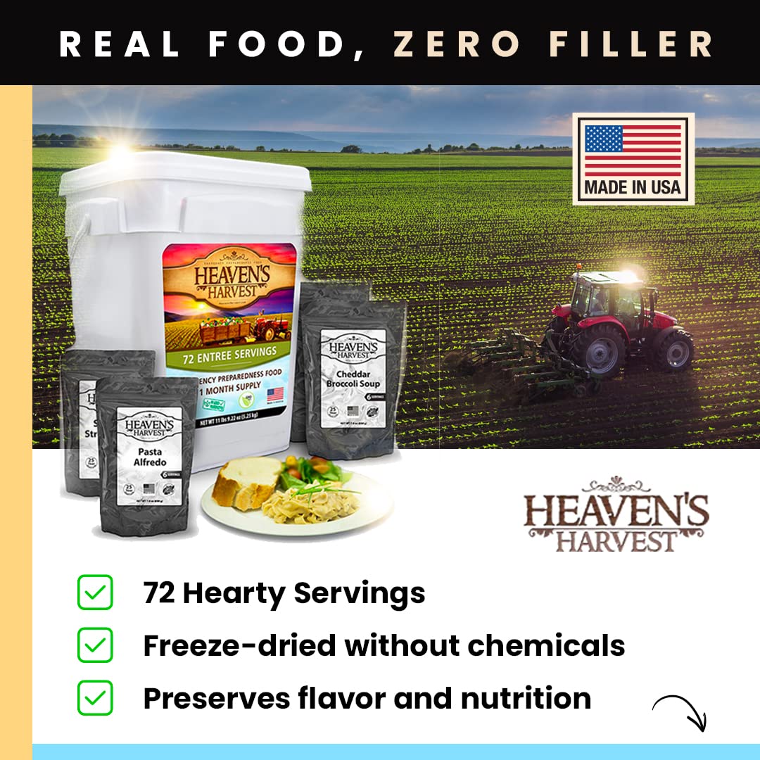 Heaven’s Harvest Emergency Food Supply (72 Entrée Servings) — 100% Real Freeze-Dried Survival Food Kit with a 25-Year Shelf Life. Non-Perishable, Freeze-Dried, MRE Meals/Non-Perishable Camping Food