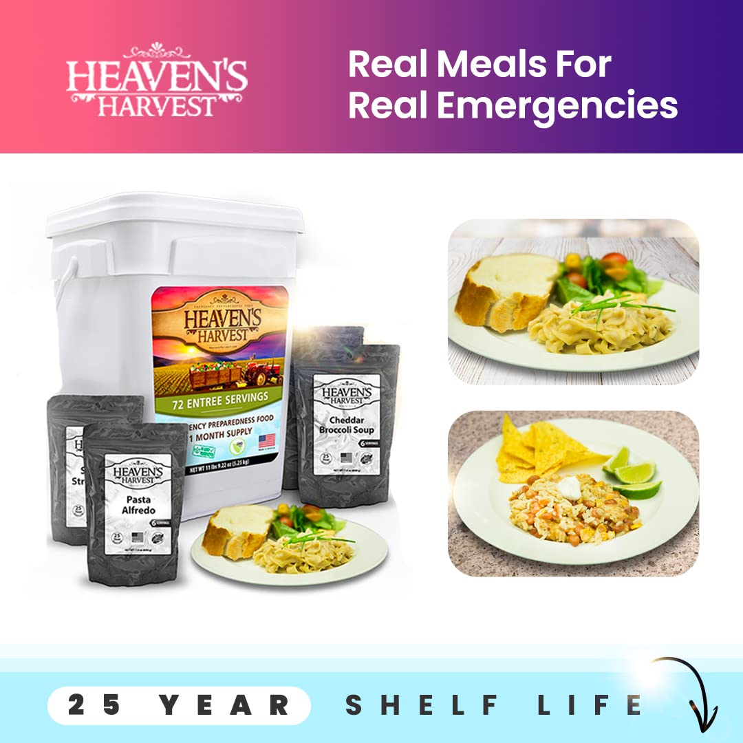 Heaven’s Harvest Emergency Food Supply (72 Entrée Servings) — 100% Real Freeze-Dried Survival Food Kit with a 25-Year Shelf Life. Non-Perishable, Freeze-Dried, MRE Meals/Non-Perishable Camping Food