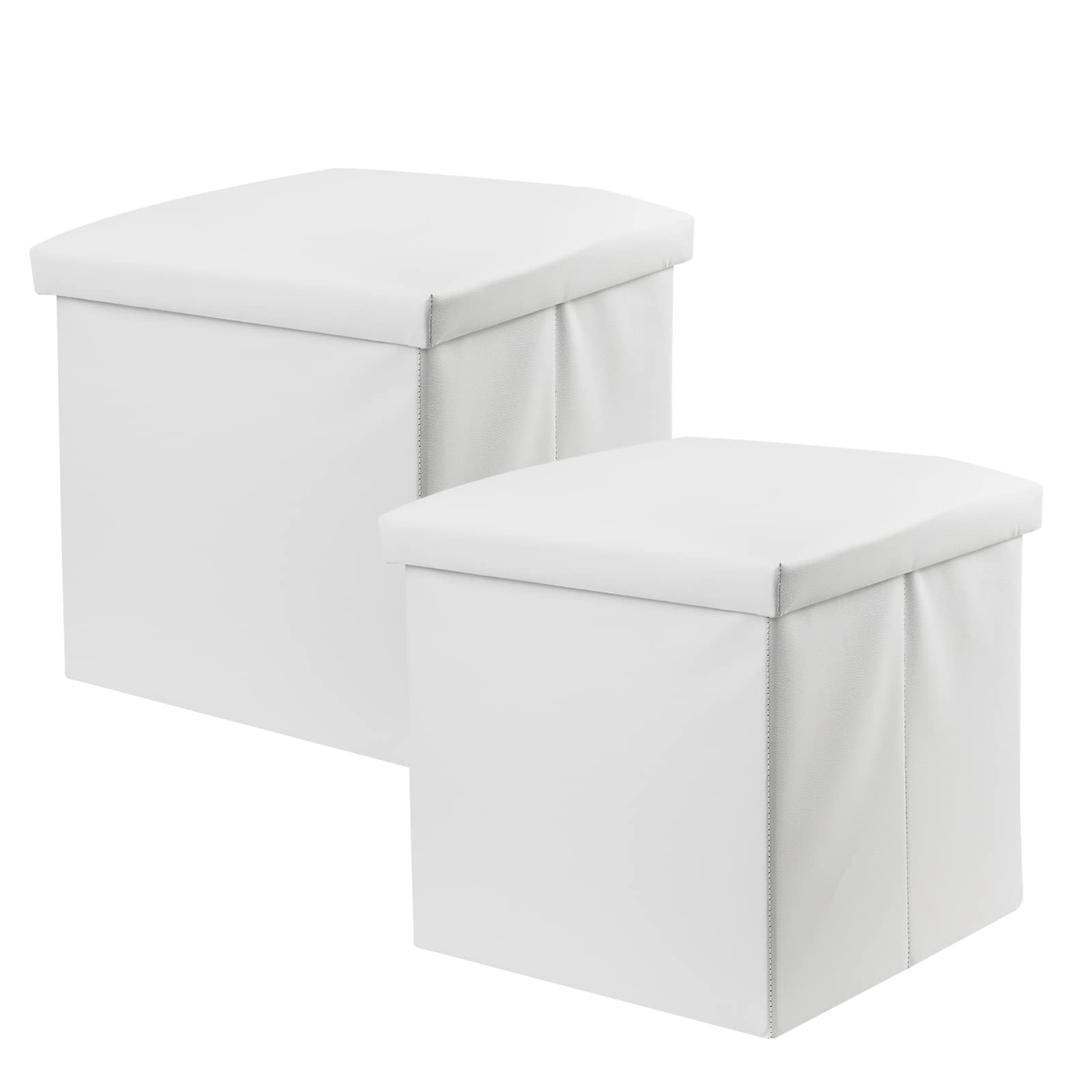 Storage Ottoman Cubes, PU Folding Ottoman Seat Set of 2, Faux Leather Ottoman Foot Rest, Small Leather Storage Ottoman Bench Foot Rest, Short Ottoman Stools, Tufted Folding Ottomans with Lid, White