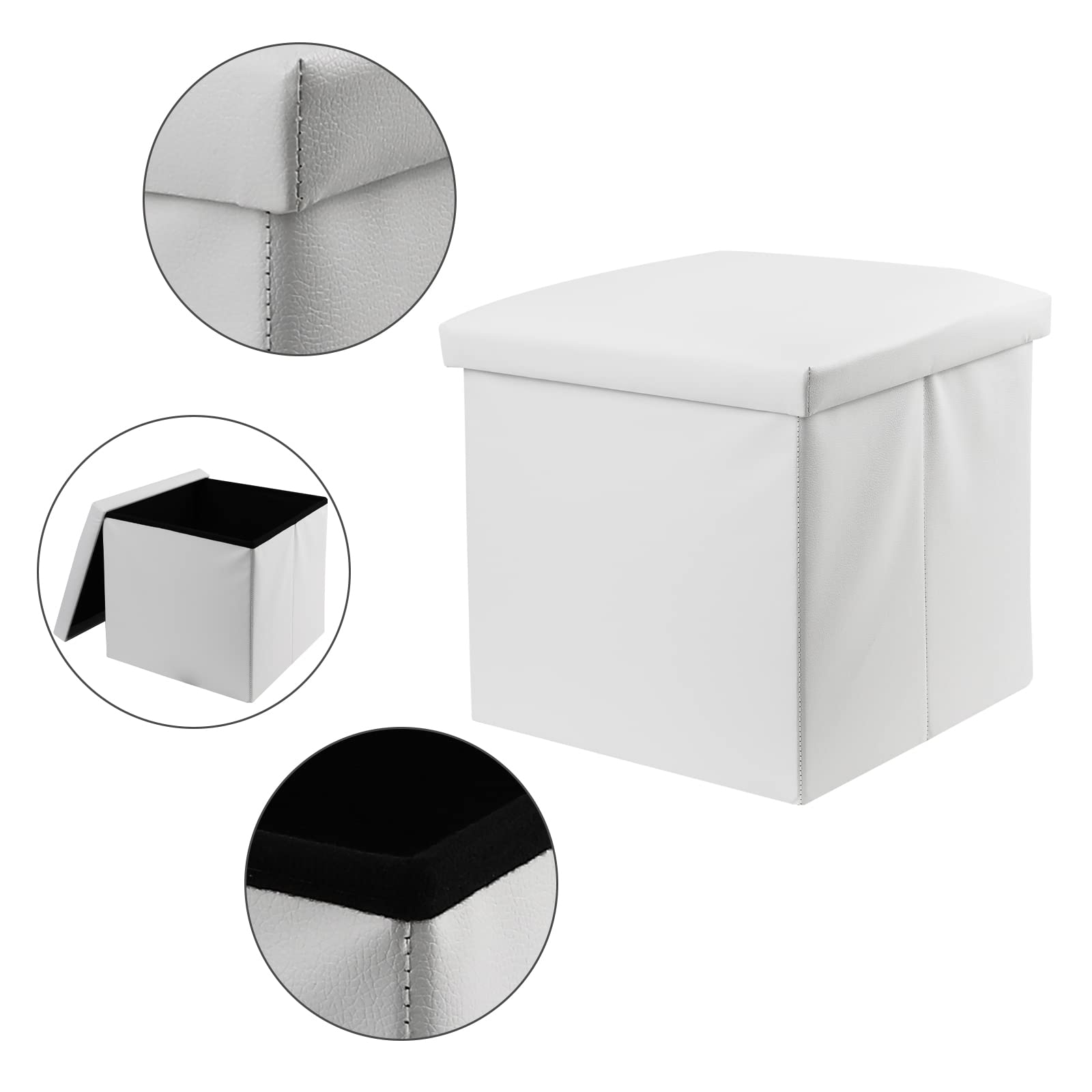 Storage Ottoman Cubes, PU Folding Ottoman Seat Set of 2, Faux Leather Ottoman Foot Rest, Small Leather Storage Ottoman Bench Foot Rest, Short Ottoman Stools, Tufted Folding Ottomans with Lid, White