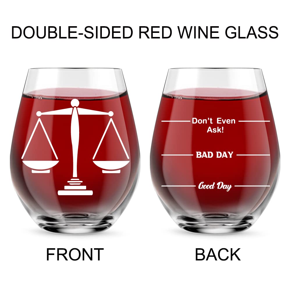 AGMDESIGN Funny Good Day Bad Day Don't Even Ask Lawyer Stemless Wine Glass, Double sided Wine Glass, Legal Assistant Gift for Attorney, Lawyer Gifts for Women and Men, Paralegal Law School Students