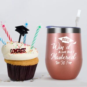 LiqCool Graduation Gifts for Her 2023, Masters Degree Graduation Gifts, I Win A Lot But I Mastered It Wine Tumbler with Lid, Insulated Wine Tumbler Graduation Gifts 2023 Christmas(12 Oz, Rose Gold)