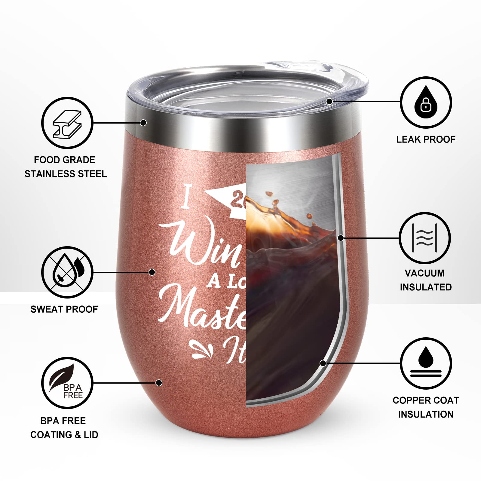 LiqCool Graduation Gifts for Her 2023, Masters Degree Graduation Gifts, I Win A Lot But I Mastered It Wine Tumbler with Lid, Insulated Wine Tumbler Graduation Gifts 2023 Christmas(12 Oz, Rose Gold)