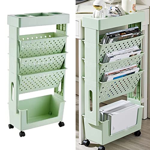 HEEPDD Movable Bookshelf Cart, 5-Tier Plastic Rolling Utility Cart Multifunctional Storage Trolley for Office Living Room Home Kitchen School(Green)