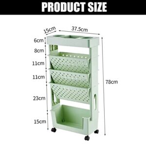 HEEPDD Movable Bookshelf Cart, 5-Tier Plastic Rolling Utility Cart Multifunctional Storage Trolley for Office Living Room Home Kitchen School(Green)