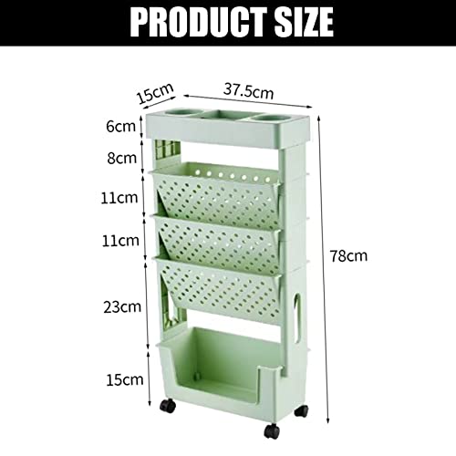 HEEPDD Movable Bookshelf Cart, 5-Tier Plastic Rolling Utility Cart Multifunctional Storage Trolley for Office Living Room Home Kitchen School(Green)