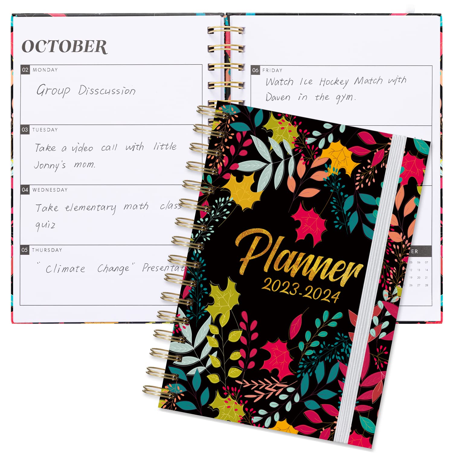 Hardcover Planner 2023-2024, 14 Months Daily Planner from JAN.2023 to FEB.2024, 8.5"x6" Portable Weekly Monthly Planner 2023-2024 Spiral Yearly Agenda with Hello Page, Elastic Closure, Inner Pocket