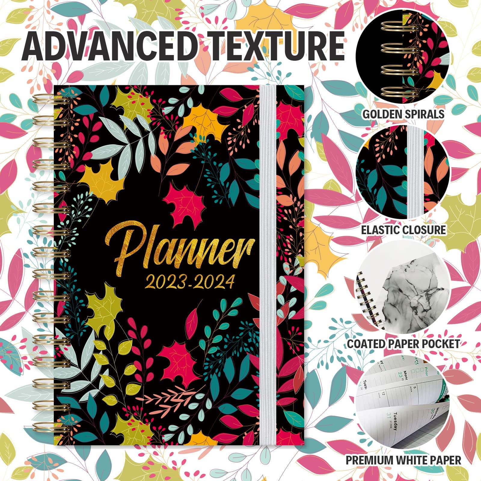 Hardcover Planner 2023-2024, 14 Months Daily Planner from JAN.2023 to FEB.2024, 8.5"x6" Portable Weekly Monthly Planner 2023-2024 Spiral Yearly Agenda with Hello Page, Elastic Closure, Inner Pocket