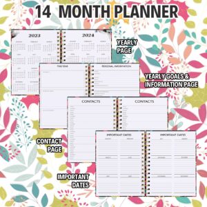 Hardcover Planner 2023-2024, 14 Months Daily Planner from JAN.2023 to FEB.2024, 8.5"x6" Portable Weekly Monthly Planner 2023-2024 Spiral Yearly Agenda with Hello Page, Elastic Closure, Inner Pocket