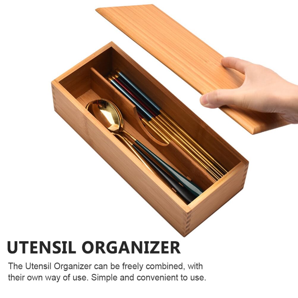 Kichvoe Silverware Organizer Wooden Cutlery Box with Lids Small Drawer Organizer Kitchen Silverware Utensil Chopstick Spoon Holder Bamboo Storage Box Desk Wood Tray Seasoning Organizer