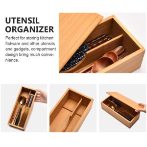 Kichvoe Silverware Organizer Wooden Cutlery Box with Lids Small Drawer Organizer Kitchen Silverware Utensil Chopstick Spoon Holder Bamboo Storage Box Desk Wood Tray Seasoning Organizer