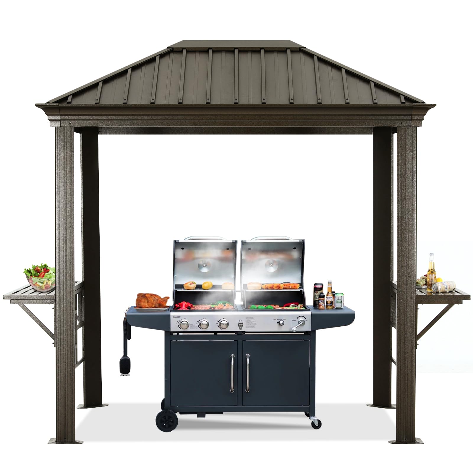 ABCCANOPY 6x8 Grill Hardtop Gazebo - Outdoor Metal Gazebo with Galvanized Steel Roof, Permanent Aluminum BBQ Canopy with Shelves for Patio, Lawn, Garden (Single Roof, Dark Brown)