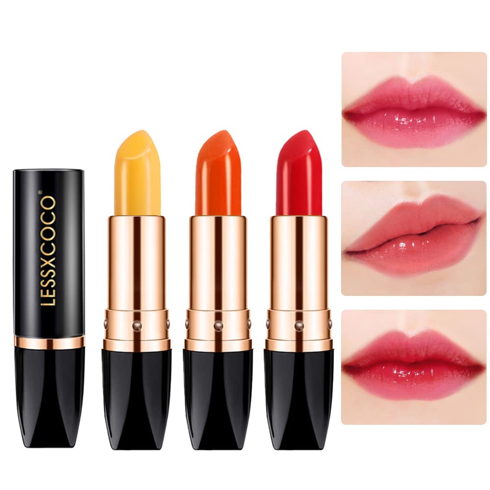 BINGBRUSH 3 Pcs Carotene Orange Red Cherry Color Changing Lipstick Queen,PH Mood Long Lasting Labiales Lip Gloss Korean Lip Balm Tinted Magic Lip Stain Matte Makeup Moisturize Lipstick Set for Women