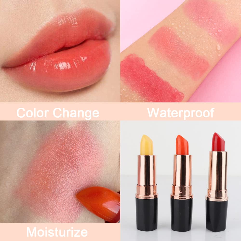 BINGBRUSH 3 Pcs Carotene Orange Red Cherry Color Changing Lipstick Queen,PH Mood Long Lasting Labiales Lip Gloss Korean Lip Balm Tinted Magic Lip Stain Matte Makeup Moisturize Lipstick Set for Women