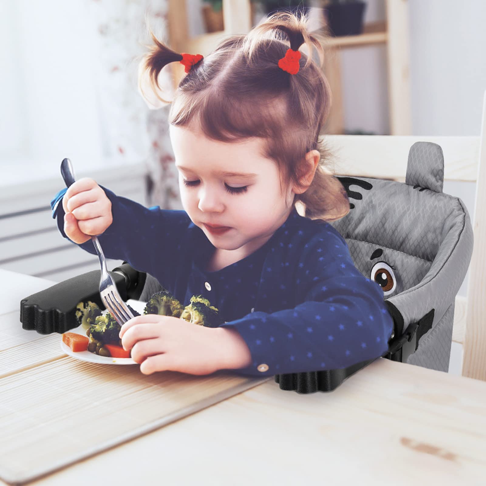 Portable Hook On Chair, Clip-on High Chair with Animal Design, Fold-Flat Storage Portable Baby Feeding Seat,High Load Booster Seat for Dinning Table, Attach to Fast Table Chair for Home &Travel(Gray)