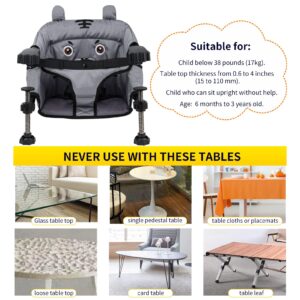 Portable Hook On Chair, Clip-on High Chair with Animal Design, Fold-Flat Storage Portable Baby Feeding Seat,High Load Booster Seat for Dinning Table, Attach to Fast Table Chair for Home &Travel(Gray)