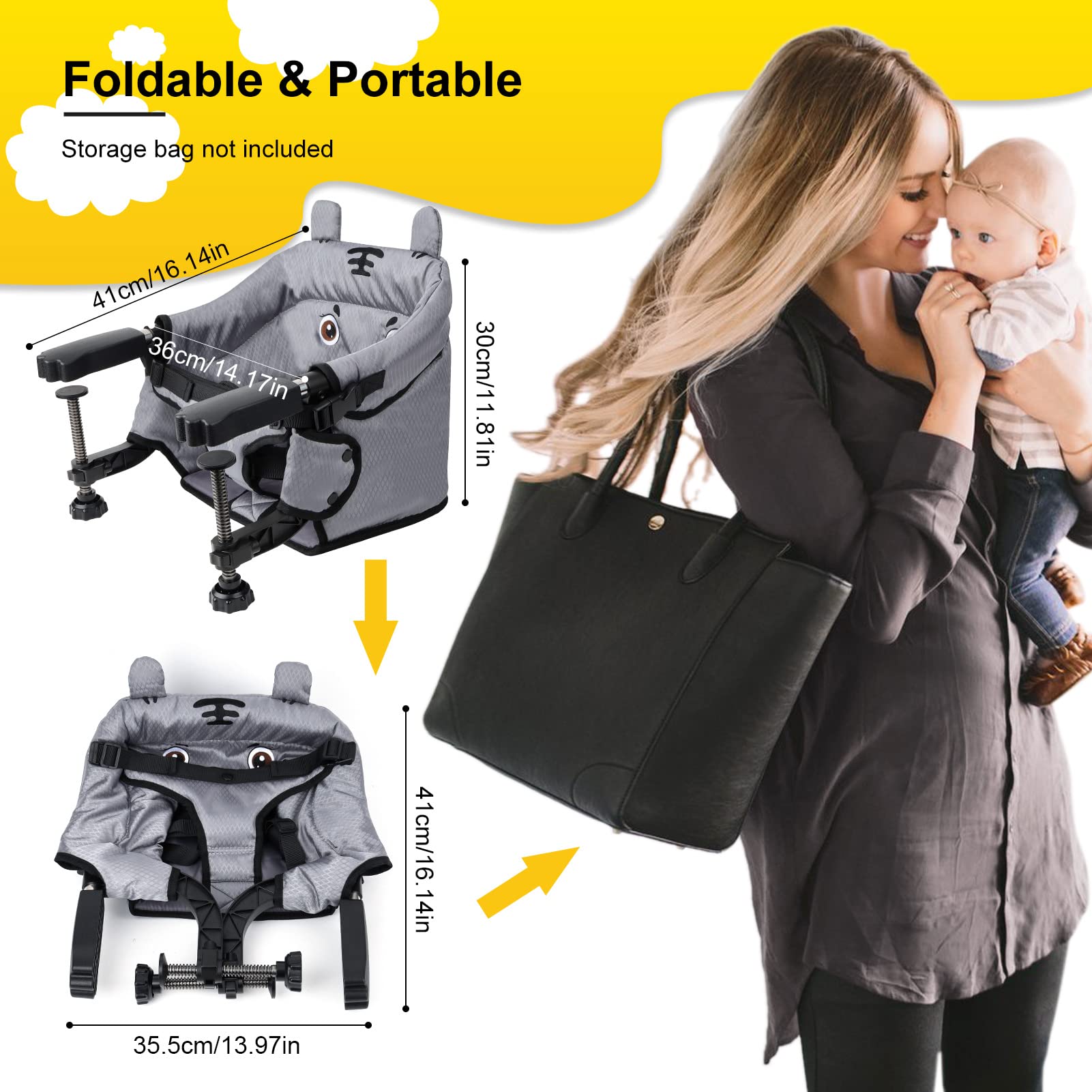 Portable Hook On Chair, Clip-on High Chair with Animal Design, Fold-Flat Storage Portable Baby Feeding Seat,High Load Booster Seat for Dinning Table, Attach to Fast Table Chair for Home &Travel(Gray)