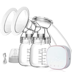 double electric breast pump,portable anti-backflow，3 modes and 9 levels,strong suction,pain free,led display, easy to assemble and clean rechargeable milk extractor for home and travel