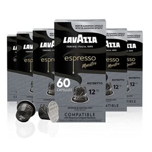 lavazza espresso ristretto dark roast arabica & robusta aluminum capsules compatible with nespresso original machines (pack of 60) ,value pack, intense and full bodied, dark crema, intensity 12 of 13