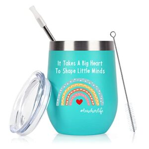 liqcool teacher appreciation gifts, it takes a big heart to shape little minds wine tumbler, thank you teacher gifts for women, teacher tumbler for christmas mothers day birthday (12oz, mint)