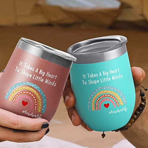 LiqCool Teacher Appreciation Gifts, It Takes a Big Heart to Shape Little Minds Wine Tumbler, Thank You Teacher Gifts for Women, Teacher Tumbler for Christmas Mothers Day Birthday (12oz, Mint)