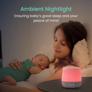 Babysense Dreamer Baby Sound & Light Machine, Adjustable RGB Night Light, Clock and Temperature Display, Sleep Trainer, Program Schedule, White, Pink & Brown Noise Soother, Lullabies & Sounds