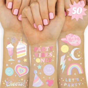 xo, fetti pastel rainbow temporary tattoos - 50 iridescent foil styles | preppy birthday party supplies, smiley party favors, party vibes only