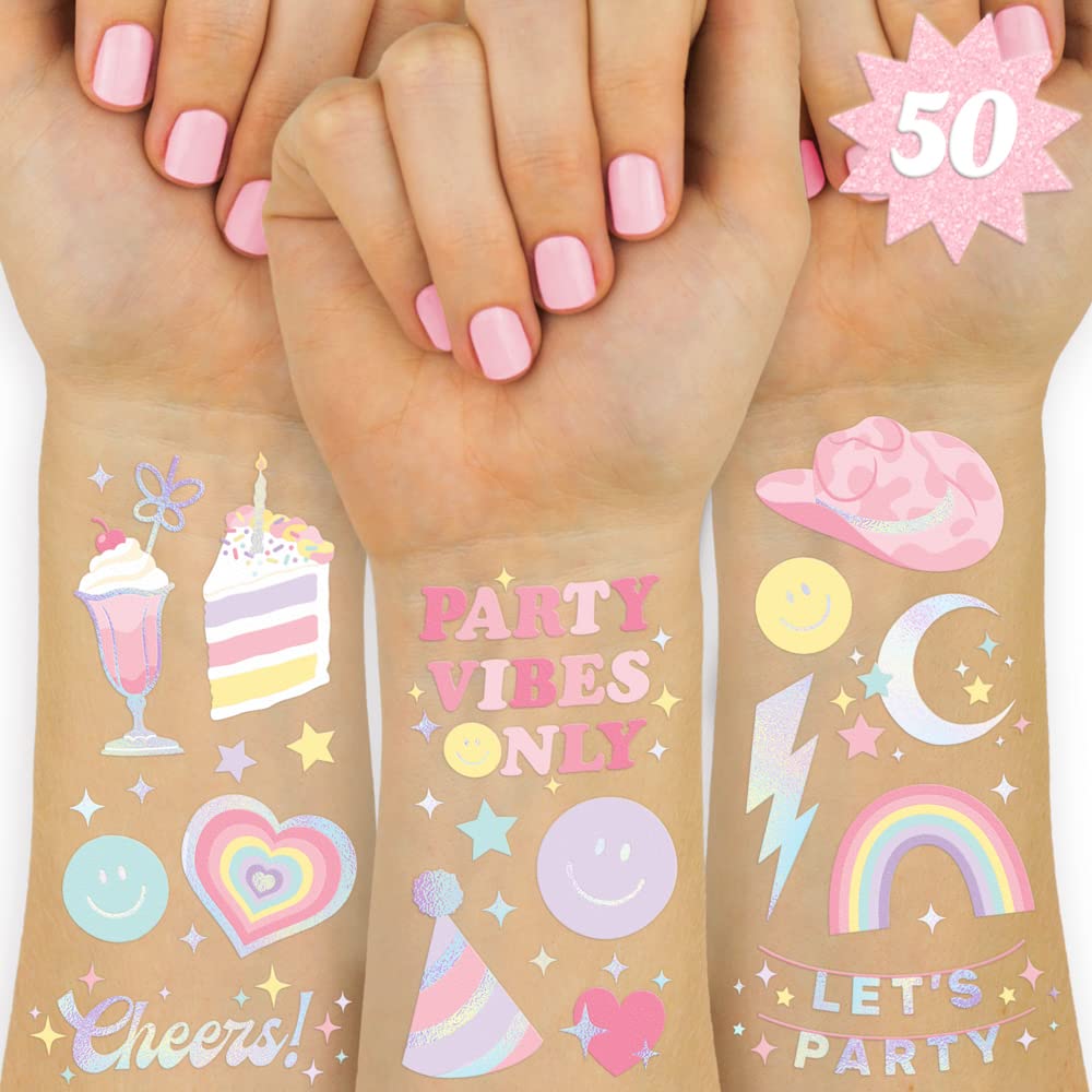 xo, Fetti Pastel Rainbow Temporary Tattoos - 50 Iridescent Foil Styles | Preppy Birthday Party Supplies, Smiley Party Favors, Party Vibes Only