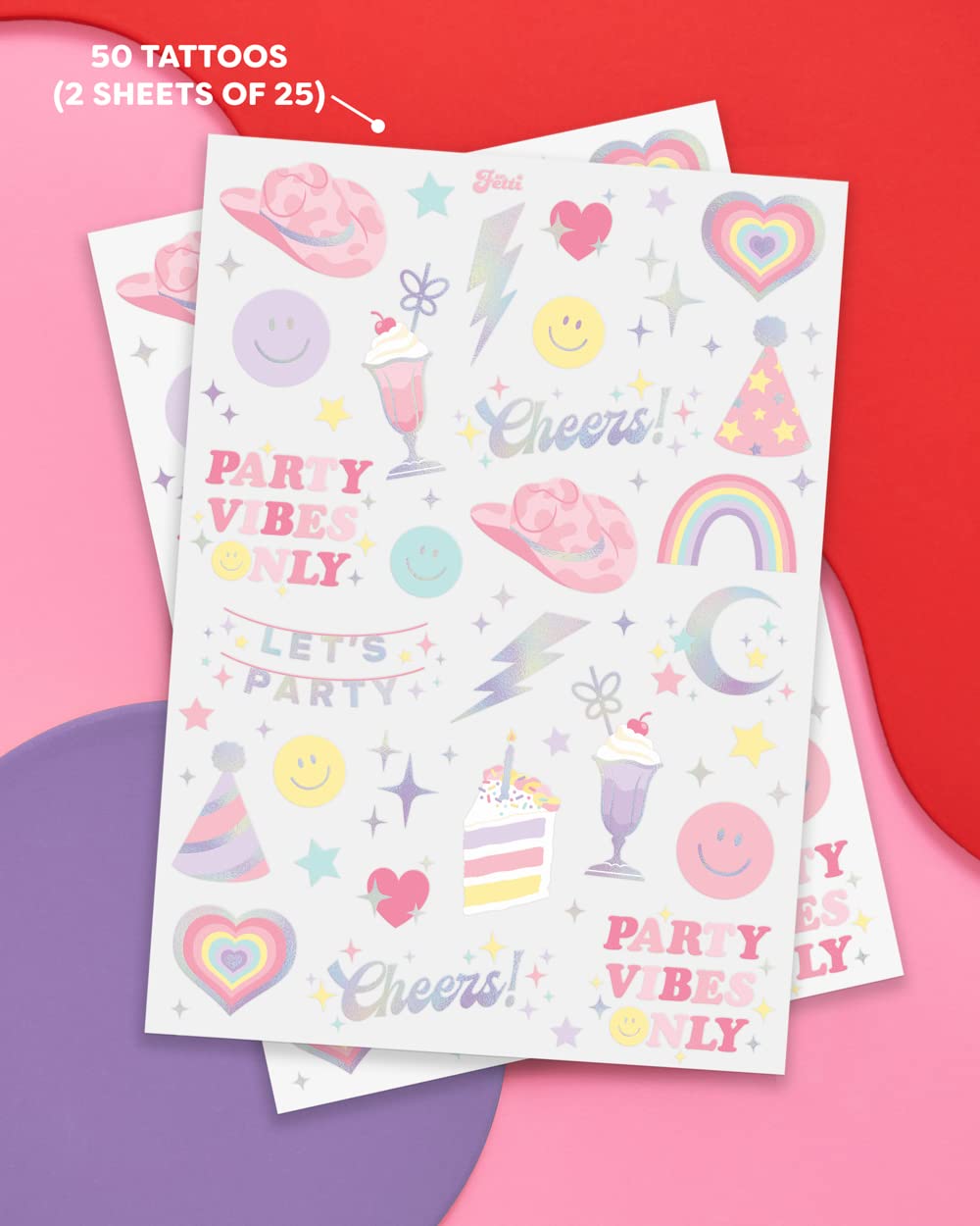 xo, Fetti Pastel Rainbow Temporary Tattoos - 50 Iridescent Foil Styles | Preppy Birthday Party Supplies, Smiley Party Favors, Party Vibes Only