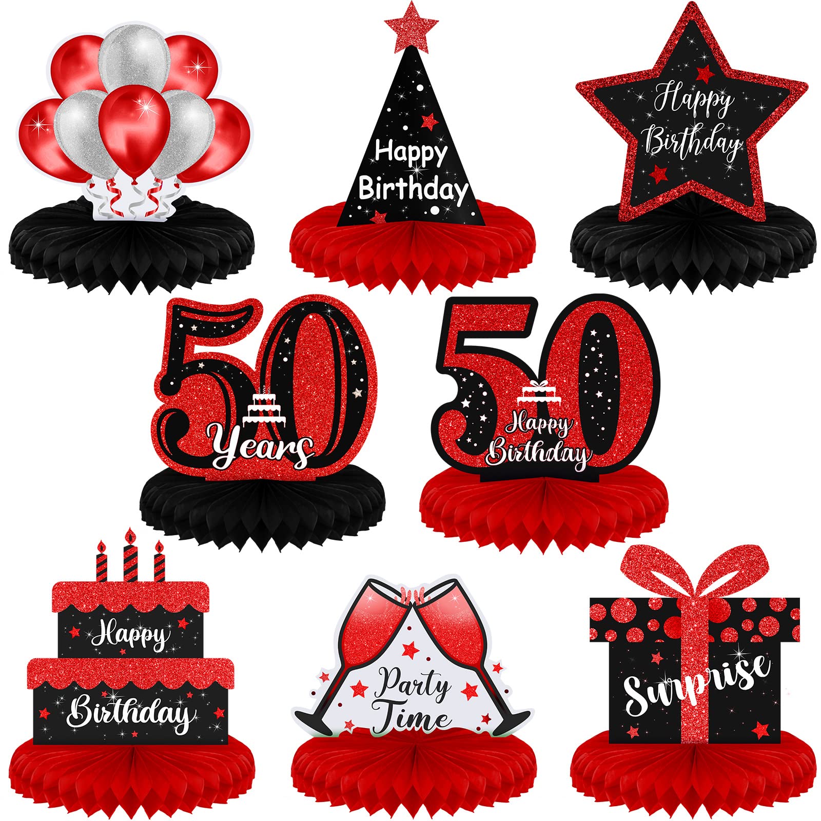 8 Pcs 50th Red and Black Table Honeycomb Centerpieces 50th Birthday Decorations Red Black Happy Birthday Decorations 50th Birthday Centerpieces for Tables Toppers 50 Years Birthday Party Supplies