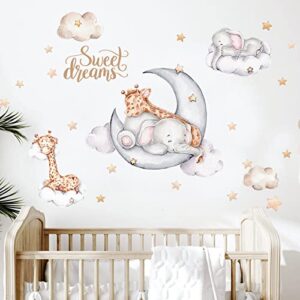 elephant and giraffe on the moon and stars wall stickers for kids baby room decor sweet dream moon hot air balloon star baby nursery decor baby shower room interior decor kid