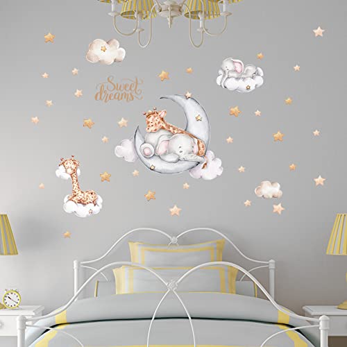 Elephant and Giraffe on The Moon and Stars Wall Stickers for Kids Baby Room Decor Sweet Dream Moon Hot Air Balloon Star Baby Nursery Decor Baby Shower Room Interior Decor Kid