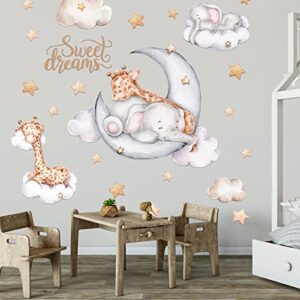 Elephant and Giraffe on The Moon and Stars Wall Stickers for Kids Baby Room Decor Sweet Dream Moon Hot Air Balloon Star Baby Nursery Decor Baby Shower Room Interior Decor Kid