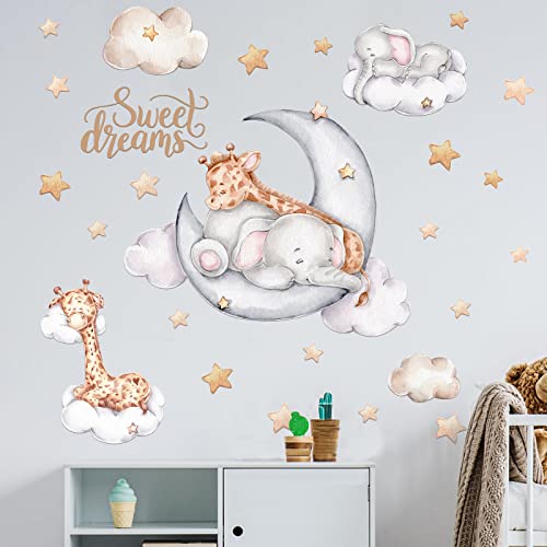 Elephant and Giraffe on The Moon and Stars Wall Stickers for Kids Baby Room Decor Sweet Dream Moon Hot Air Balloon Star Baby Nursery Decor Baby Shower Room Interior Decor Kid