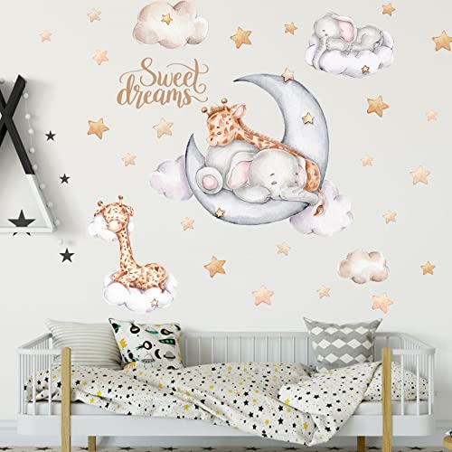 Elephant and Giraffe on The Moon and Stars Wall Stickers for Kids Baby Room Decor Sweet Dream Moon Hot Air Balloon Star Baby Nursery Decor Baby Shower Room Interior Decor Kid