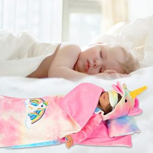 XFEYUE American 18 inch Doll Clothes and Doll Sleeping Bag Set - Rainbow Unicorn Doll Costume with Unicorn Style Sleeping Bag, Pillow, Eye Mask Slumber Party Accessories Fits 18 Inch Doll