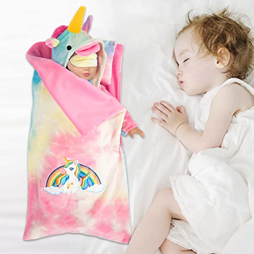 XFEYUE American 18 inch Doll Clothes and Doll Sleeping Bag Set - Rainbow Unicorn Doll Costume with Unicorn Style Sleeping Bag, Pillow, Eye Mask Slumber Party Accessories Fits 18 Inch Doll