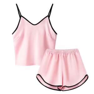 schbbbta pajamas for girl silk sleepwear satin cami shorts matching pj set nightwear, f pink, 11-12 years = tag 160