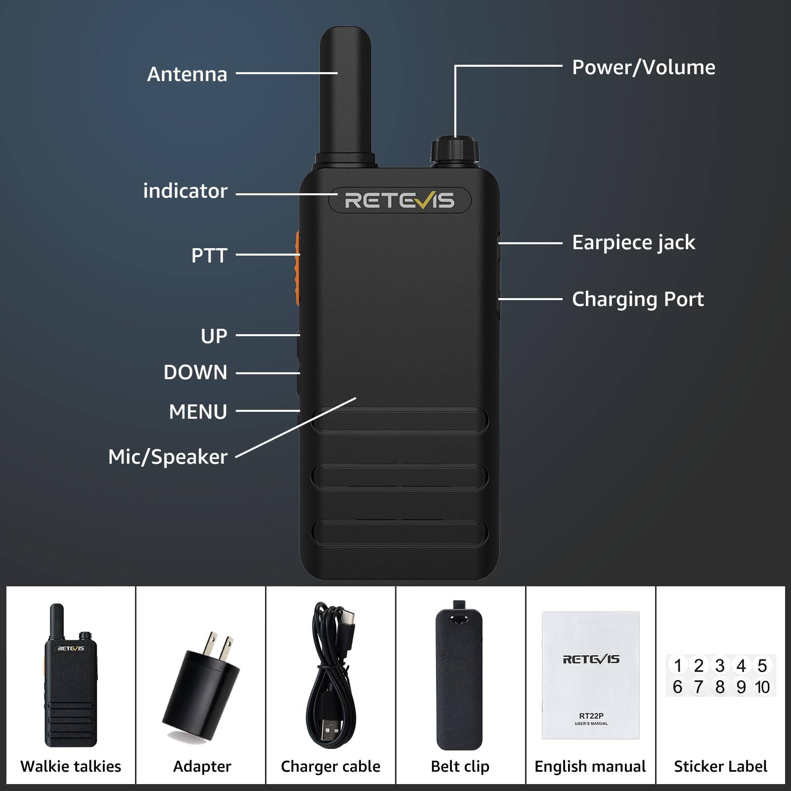 Retevis RT22P Walkie Talkie,New Version of RT22(2.0),Compact Ultra-Thin FRS Two-Way Radios, USB-C Charger,1620mAh Battery Life,Walkie Talkies Rechargeable for School Hotel Restaurant(20 Pack)