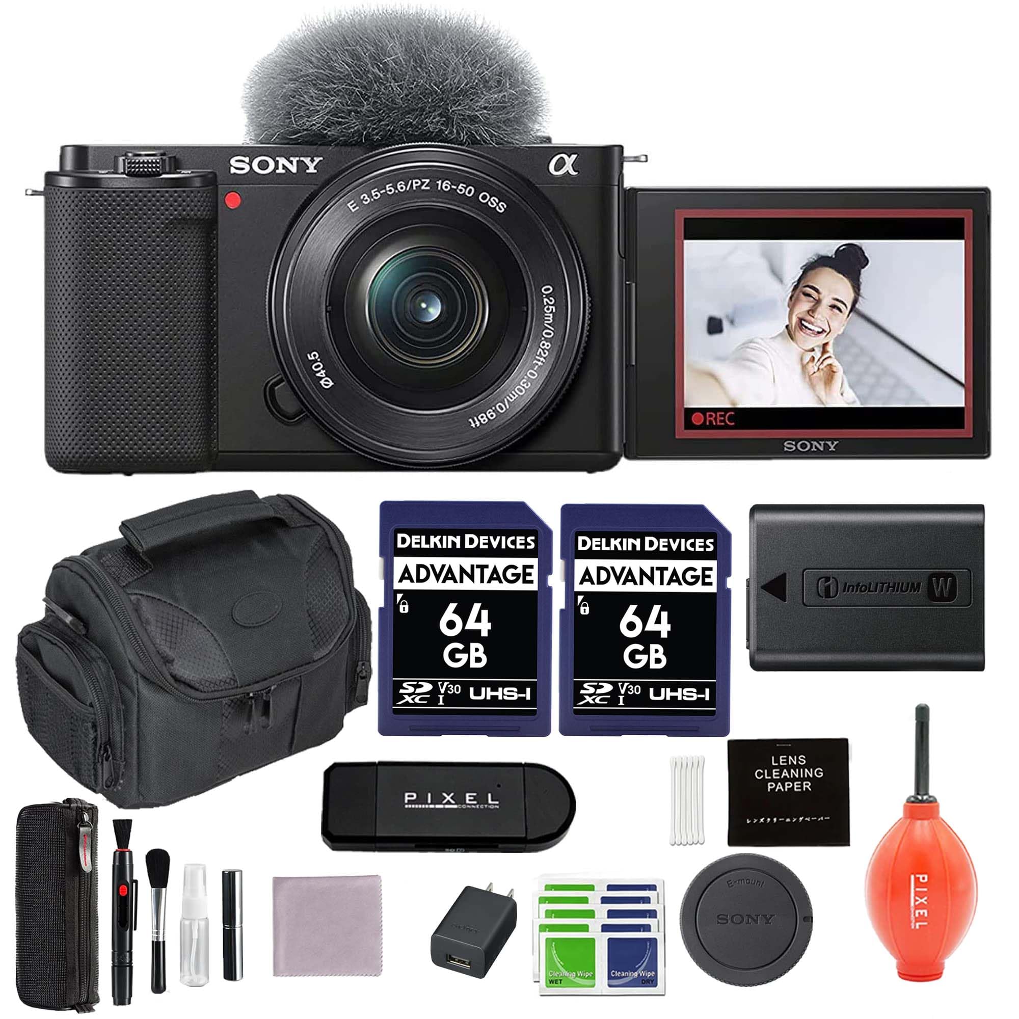 Sony Alpha ZV-E10 Interchangeable Lens Vlog Camera & 16-50mm Lens Bundle with 2X 64GB SD Card, Water Resistant Bag, More