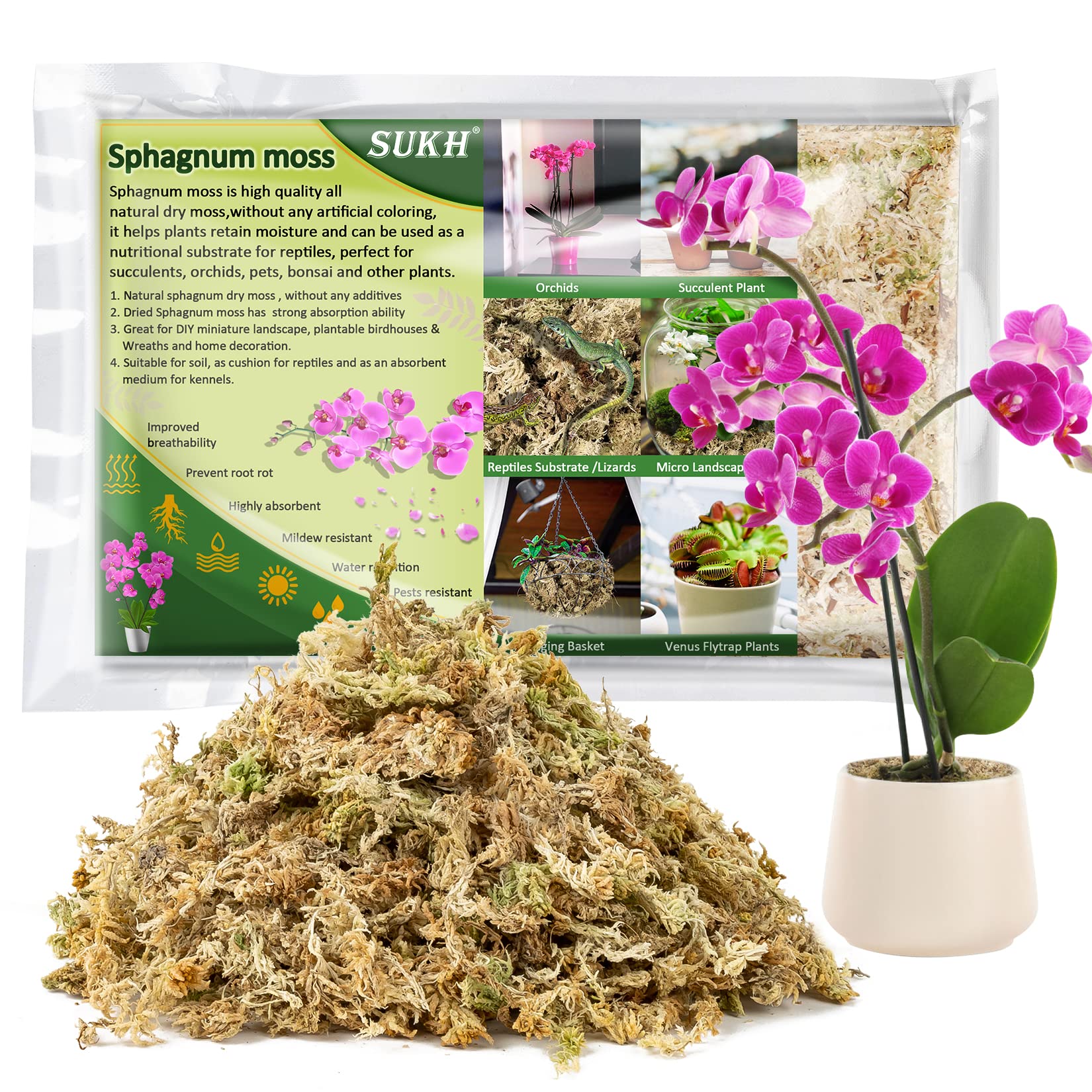 Sukh 5oz Sphagnum Moss for Plants - Sphagnum Peat Moss Natural Long Fibered Dried Moss Potting for Orchids Succulent Carnivorous Potted Plant Reptiles Medium Sarracenia DIY Moss Terrarium Decorations