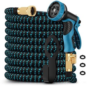 garden hose 50ft with 10 function spray nozzle, leakproof water hose design with solid brass connectors, easy storage and usage(black and blue)