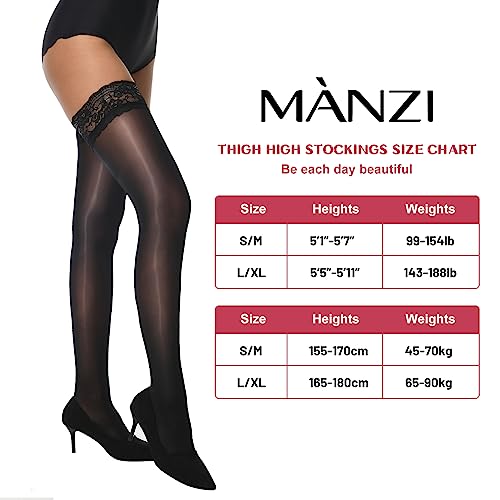 MANZI Sheer Shiny Thigh High Stockings 2 Pairs Silky lingerie Pantyhose for Women with Stay Up Silicone Lace Top(2 Black, S/M)