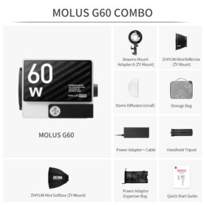 ZHIYUN Molus G60 Combo, Bi-Color Video Light, 300g Portable 60W COB LED Continuous Output Lighting, CRI≥96, TLCI≥97, Bluetooth App Control with Bowens-Mount Accessories DC/PD Power Supply